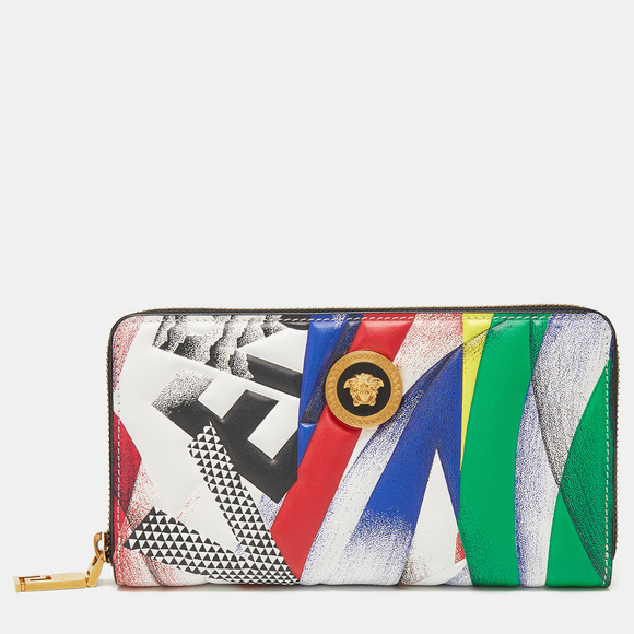 Versace | Bags | Versace Multicolor Print Leather Zip Around Wallet ...